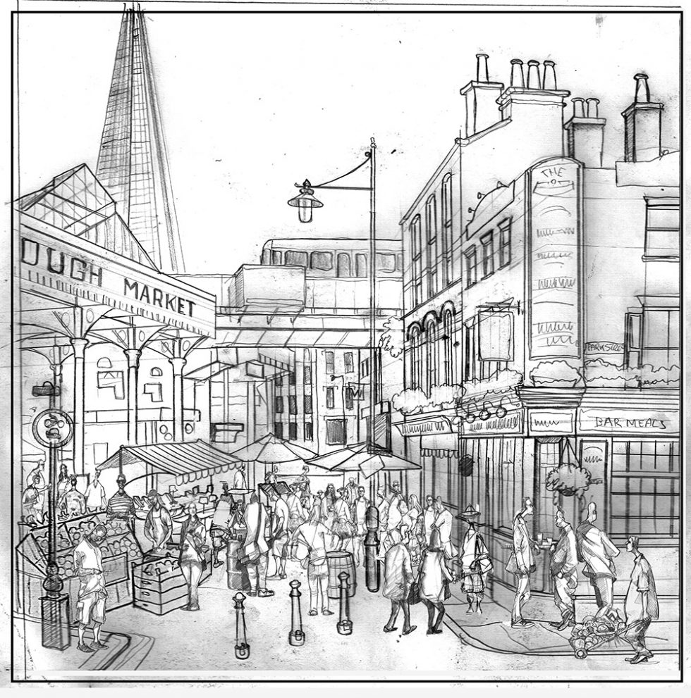 A painting of The Market Porter pub in Borough Market, London