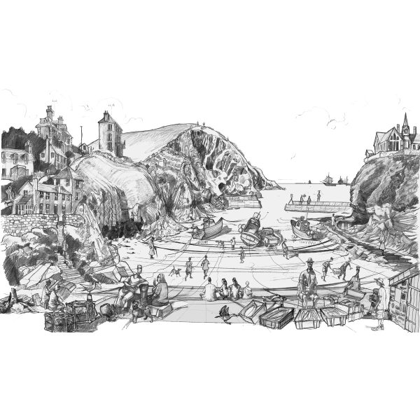 A drawing of Port Isaac in Cornwall showing the bay and boats.