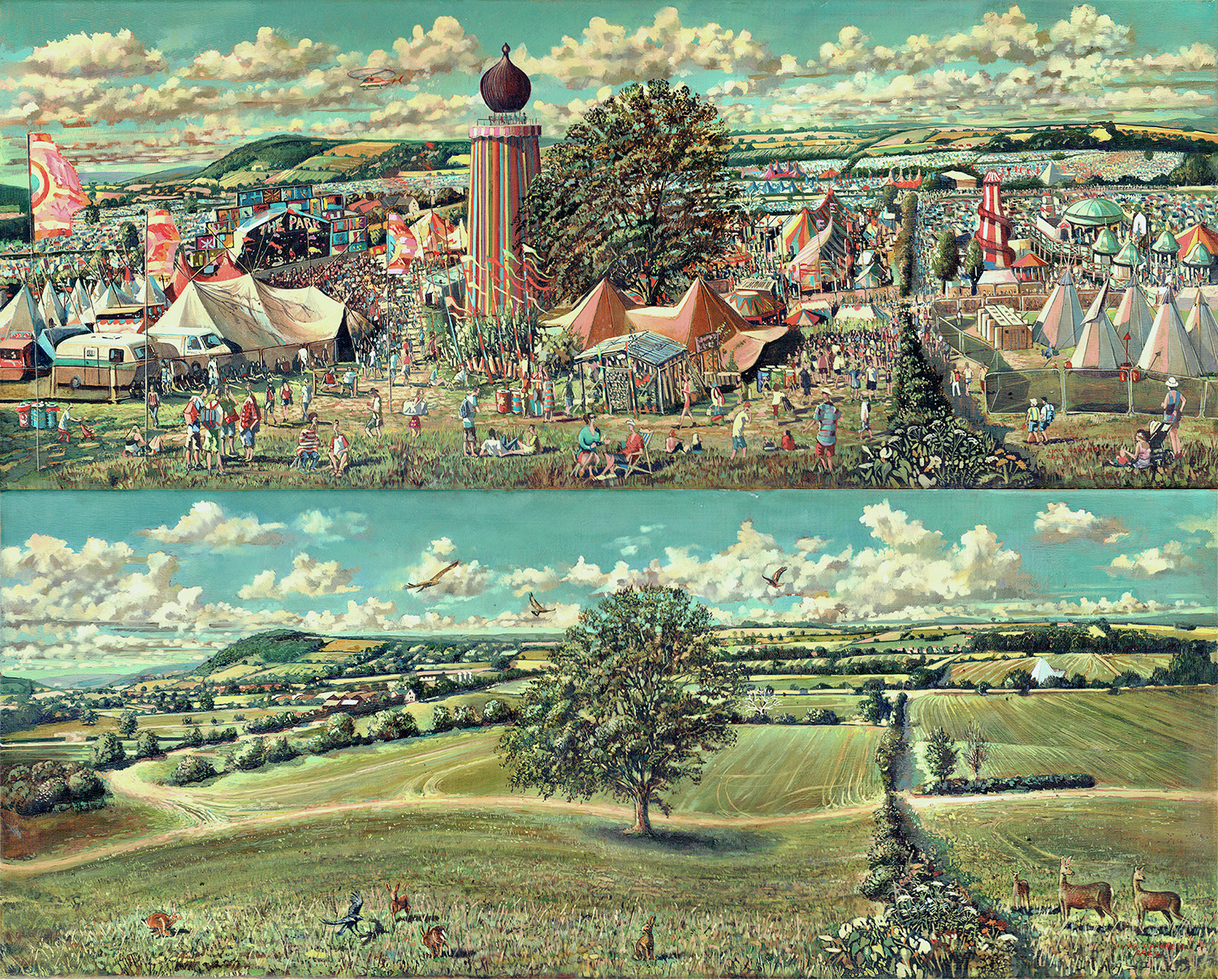 A view of The Glastonbury Festival site. Festival on and festival off